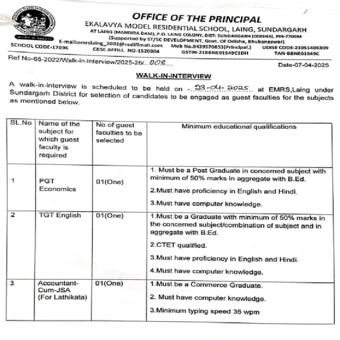 EMRS Laing Recruitment 2025 @Free Job Alert Odisha - New Jobs Odisha